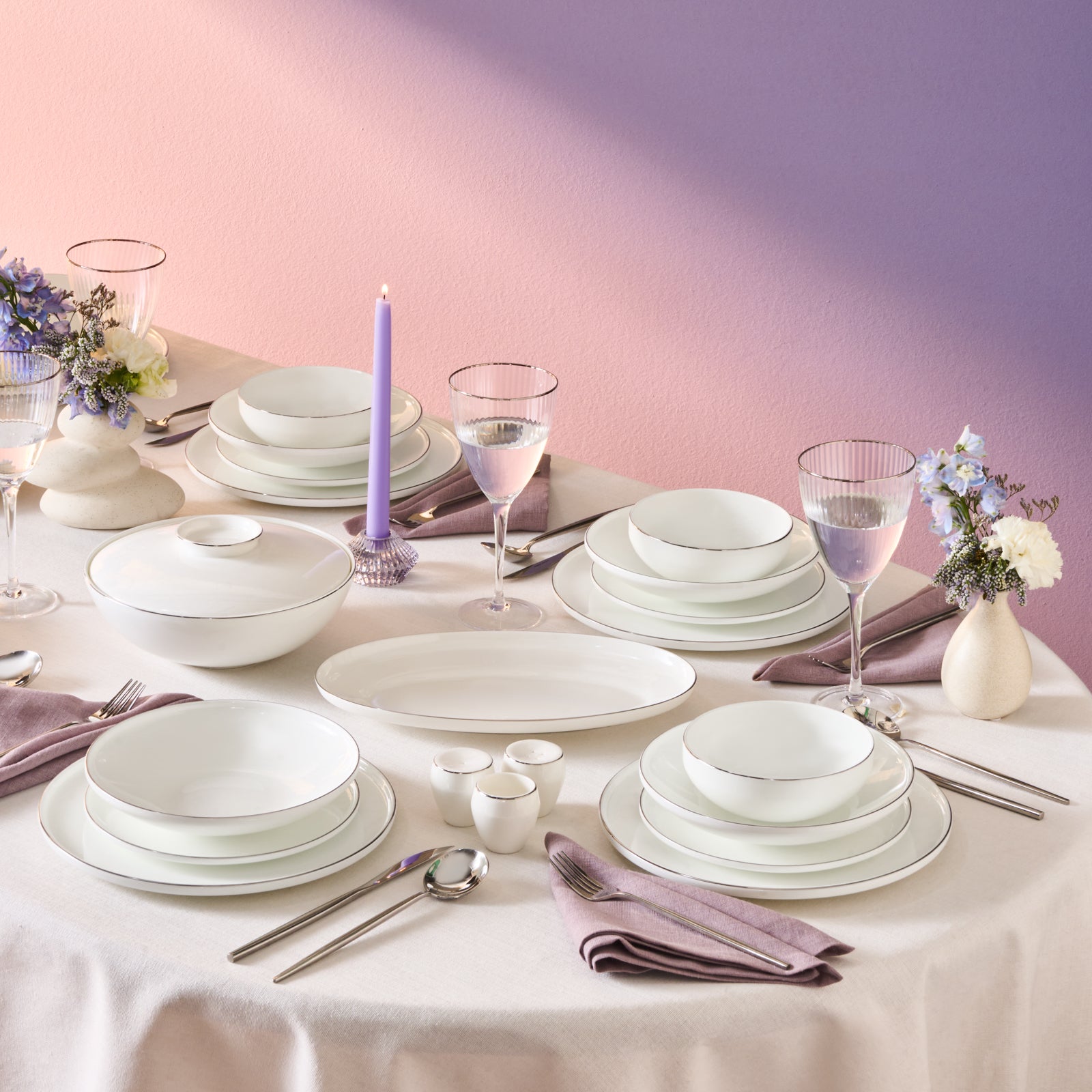 Karaca Fine Bone Meridian 55-Piece Dinner Set for 12 People Platinum ...