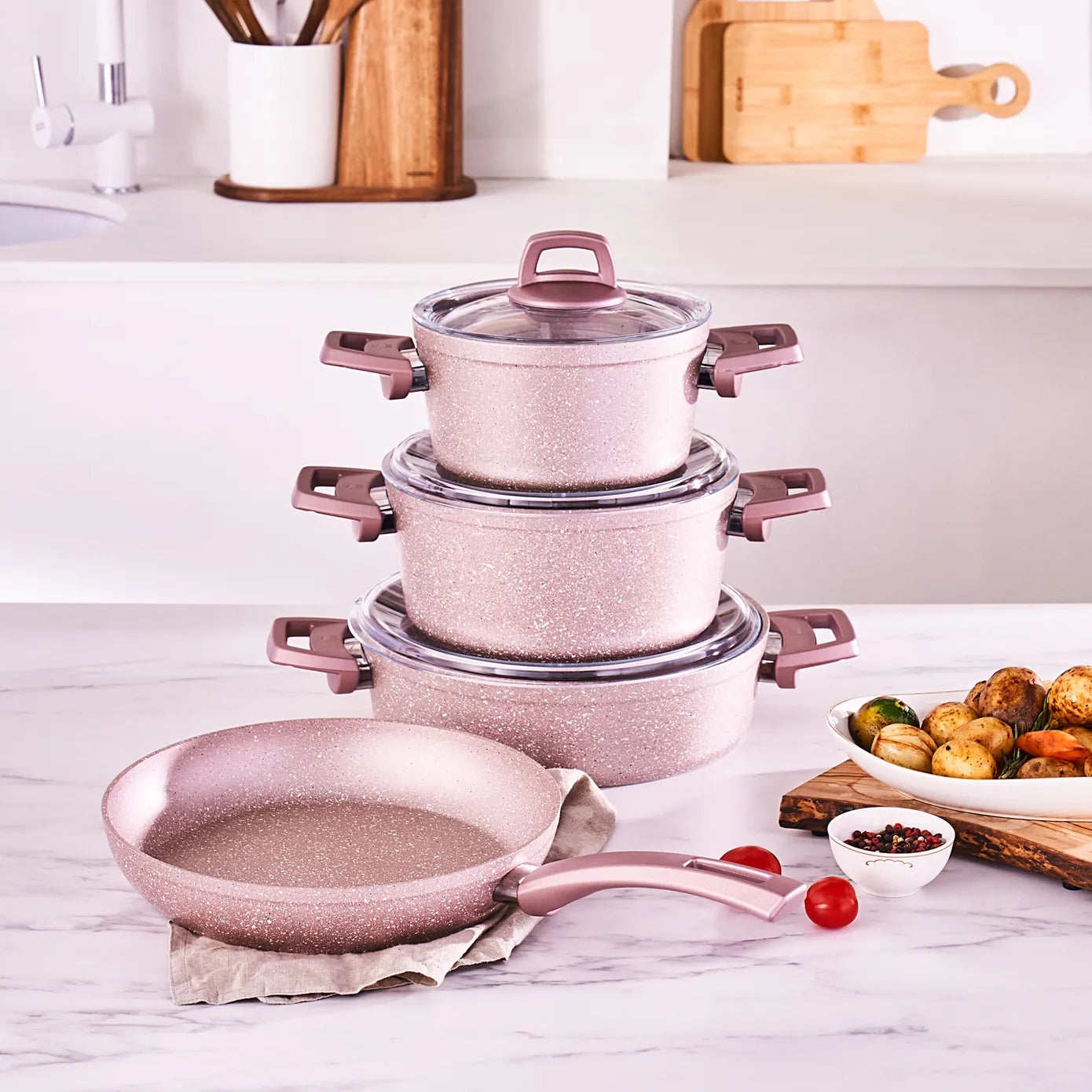 Karaca Biogranit Anna 7 Piece Cookware Set, Antik Rose – Karaca Netherlands