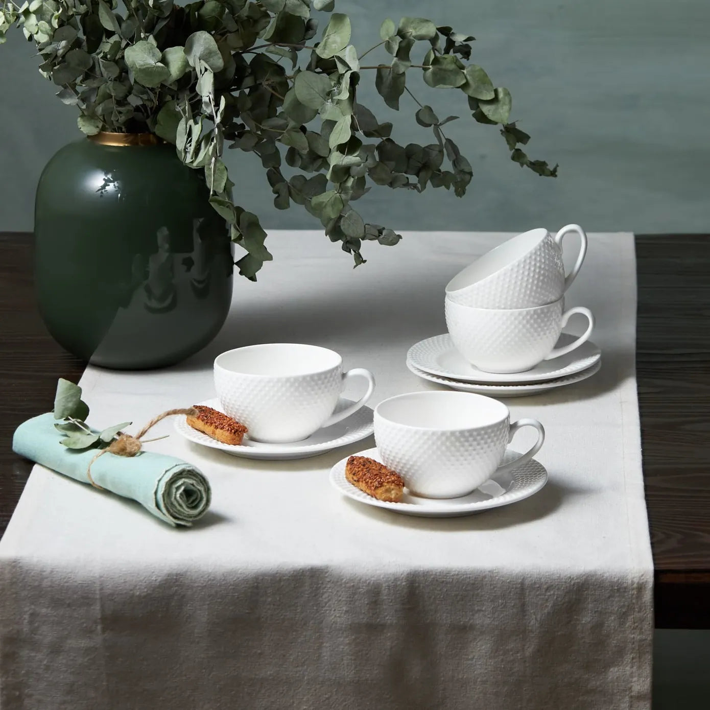 Karaca Punto for 4 Person Embossed Tea Cup and Saucer Set, 8 Piece, Ne ...